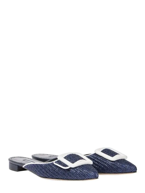 Manolo Blahnik Maysale Raffia Mules With Leather Trim - Blue