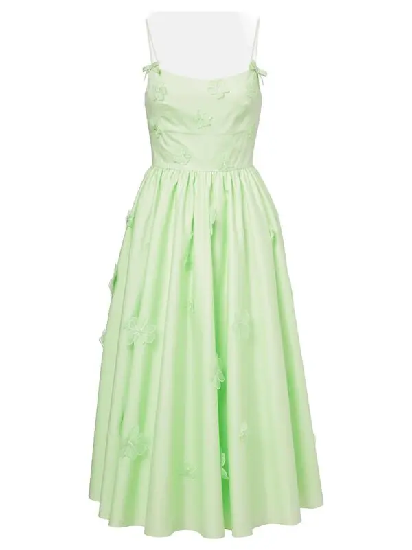 SELF-PORTRAIT Floral Appliqué Cotton Poplin Midi Dress - Green