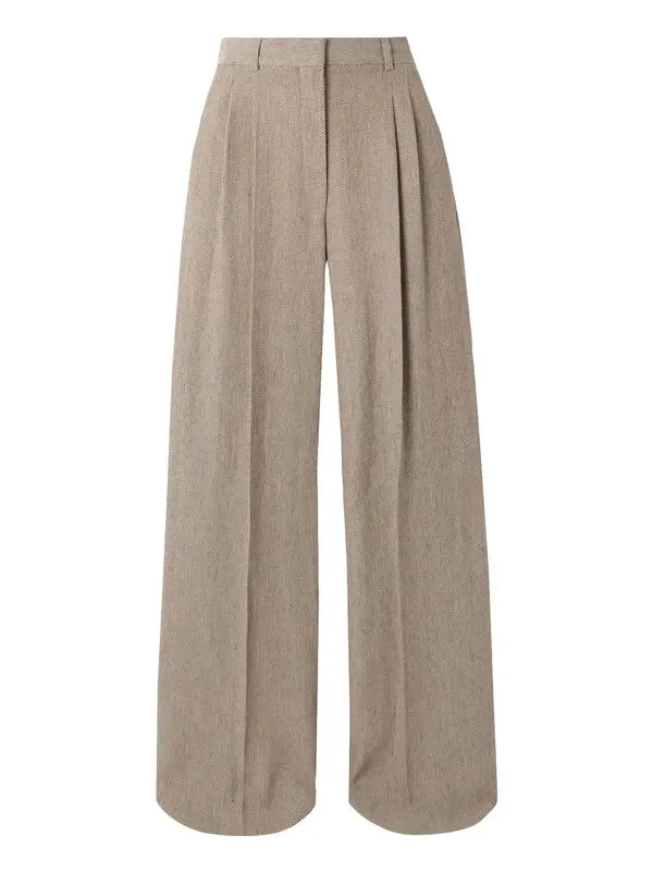 Loro Piana Nyack Pleated Herringbone Linen Wide-leg Trousers - Brown