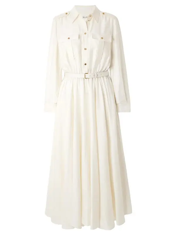 Loro Piana Lela Belted Leather-trimmed Silk-shantung Midi Shirt Dress - Neutrals