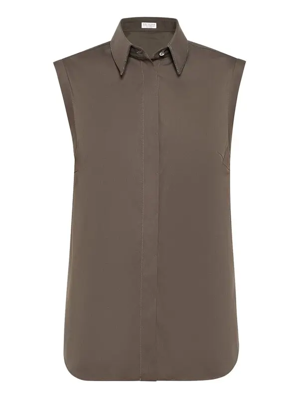 Brunello Cucinelli Sleeveless Shirt With Embellished Collar - Brown