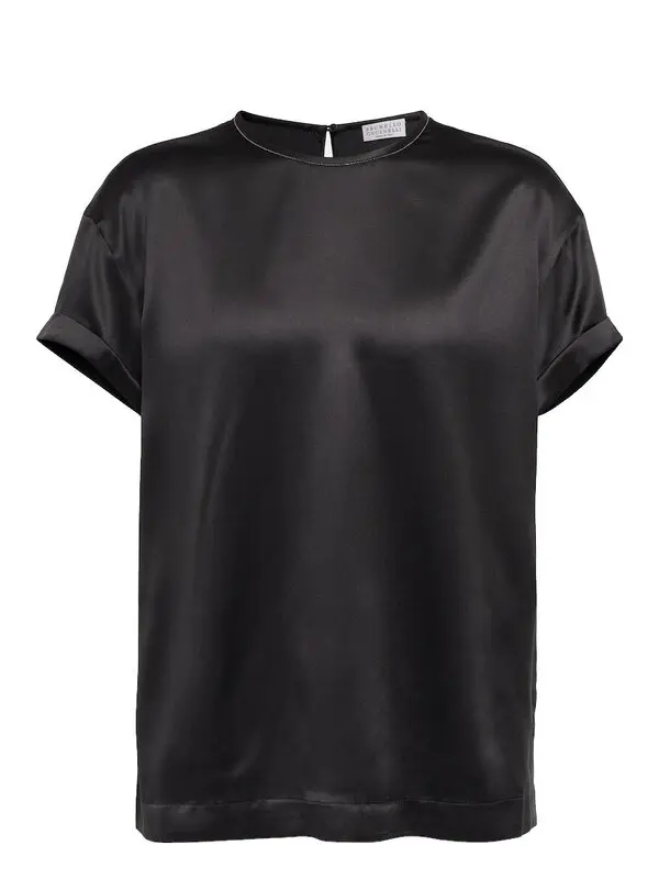 Brunello Cucinelli Embellished Silk-blend Satin T-shirt - Black