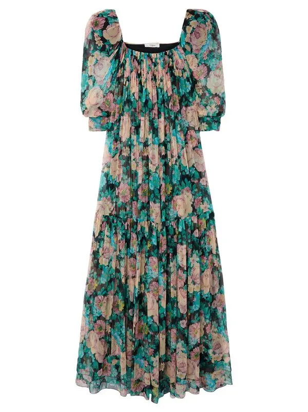 Chloé Gathered Floral-print Silk-muslin Maxi Dress - Blue