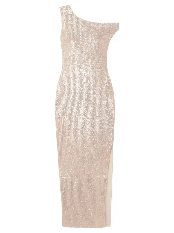 Norma Kamali One-shoulder Sequined Stretch-mesh Maxi Dress - Gold
