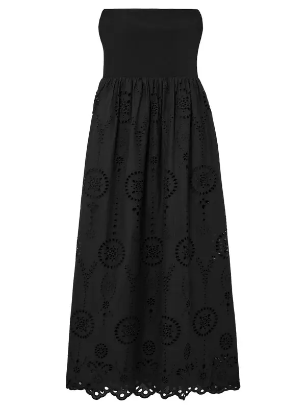 Matteau Strapless Broderie Anglaise Organic Cotton And Stretch-knit Midi Dress - Black
