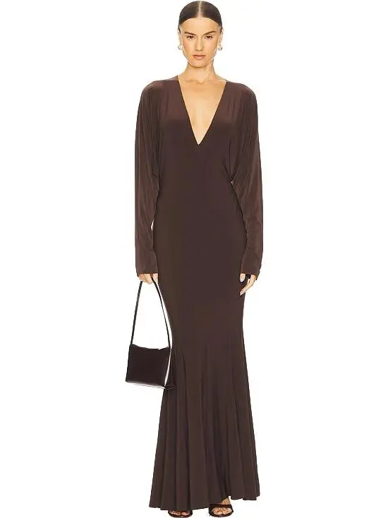 Norma Kamali X Revolve Dolman V Neck Fishtail Gown - Chocolate