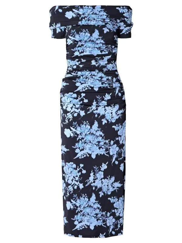 Carolina Herrera Off-the-shoulder Ruched Floral-print Stretch-jersey Midi Dress - Blue