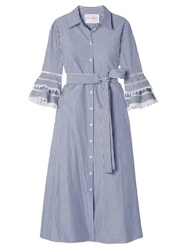 Carolina Herrera Striped Cotton-poplin Midi Shirt Dress With Guipure Lace Trim - Blue