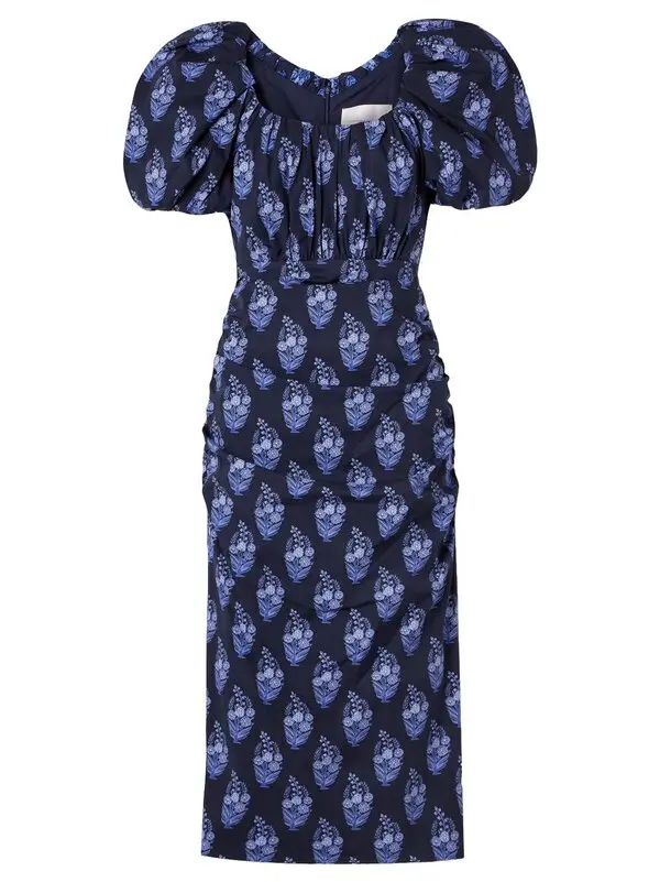 Carolina Herrera Gathered Floral-print Cotton-blend Poplin Midi Dress - Blue