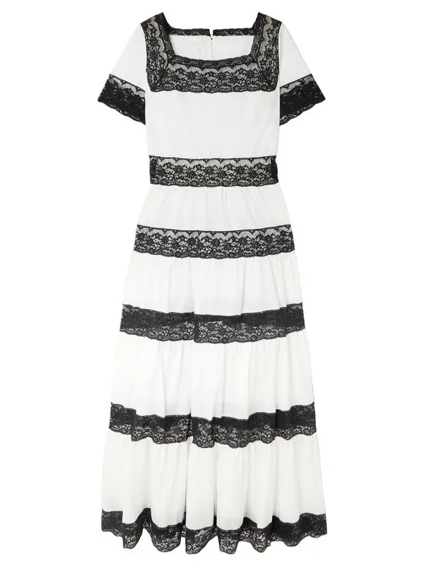 Loretta Caponi Tiered Lace-trimmed Cotton-poplin Midi Dress - White