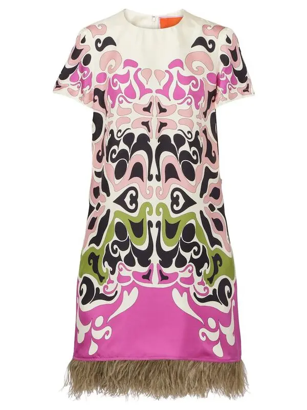 La DoubleJ Mini Swing Feather-trimmed Silk Minidress - Multicoloured