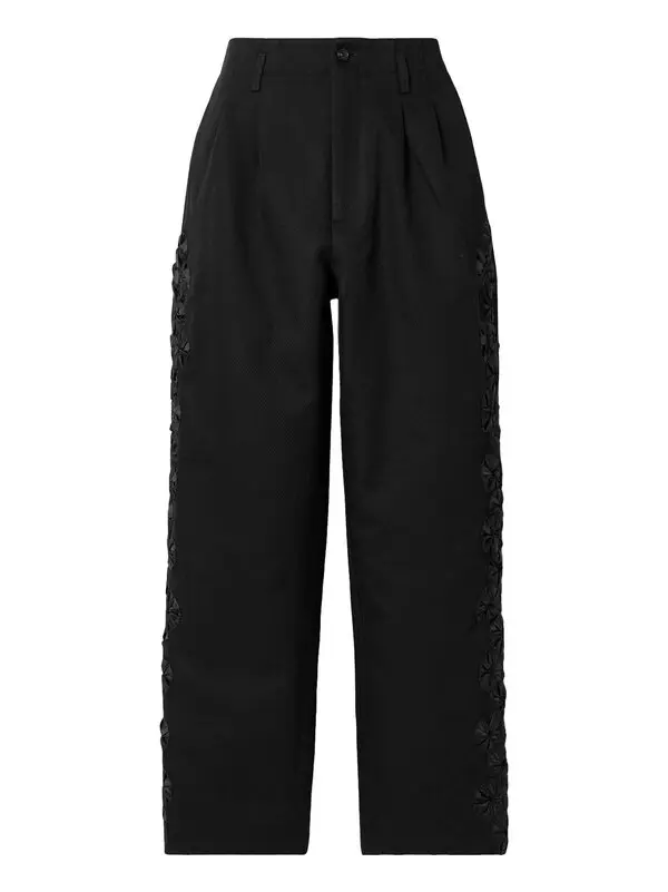 BODE Ribbon Garland Satin-trimmed Pleated Cotton-twill Wide-leg Pants - Black