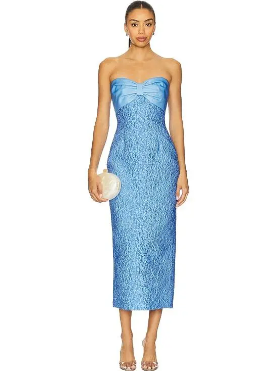 SAU LEE Strapless Bow Detail Jacquard Midi Dress - Blue