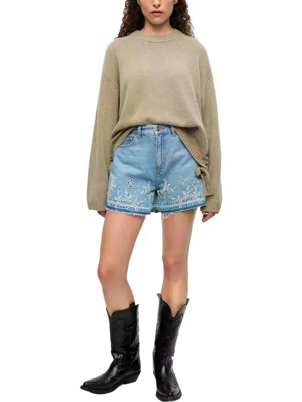 GANNI Embroidered Denim Shorts - Blue