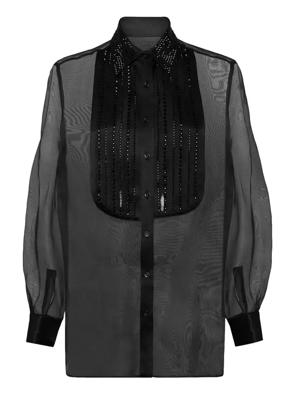 Philipp Plein Organza Embellished Plastron Shirt - Black