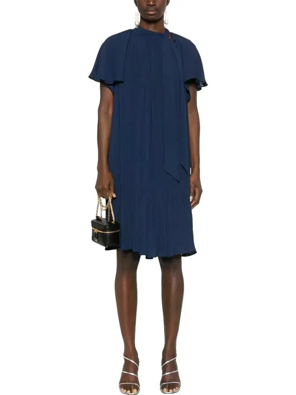 NISSA Pleated Midi Dress With Front Tie Detail - Blue