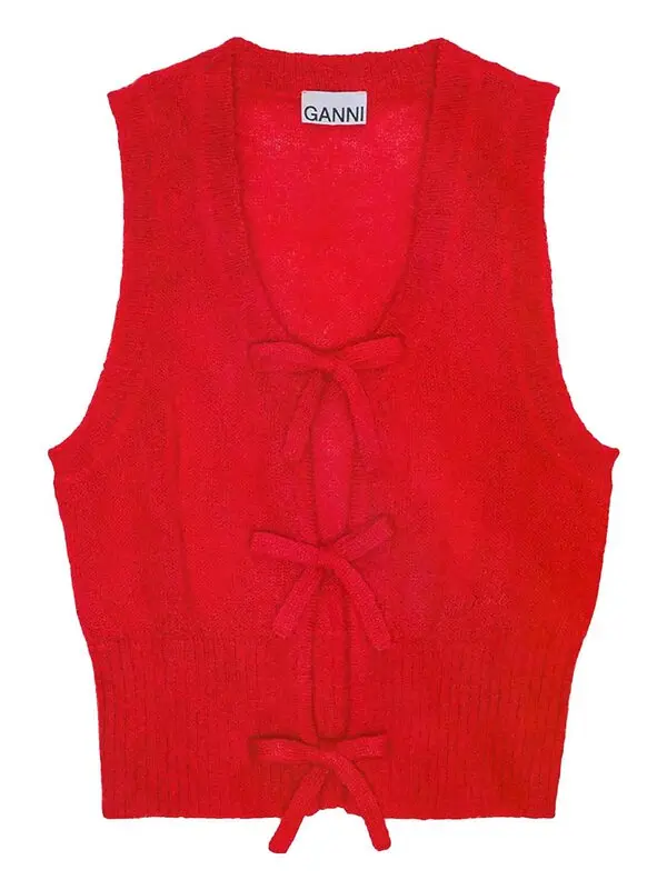 GANNI Bow Detail Ribbed Knit Vest - Red