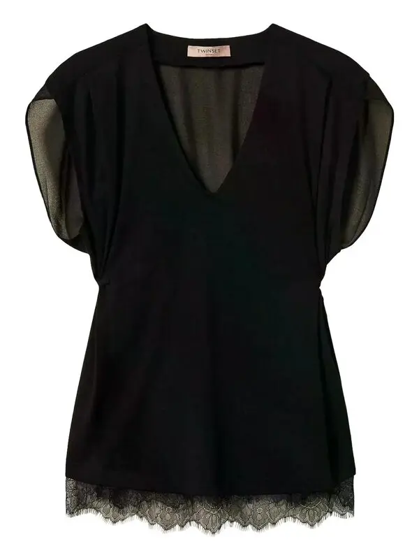 TWINSET Pleated Lace Top - Black