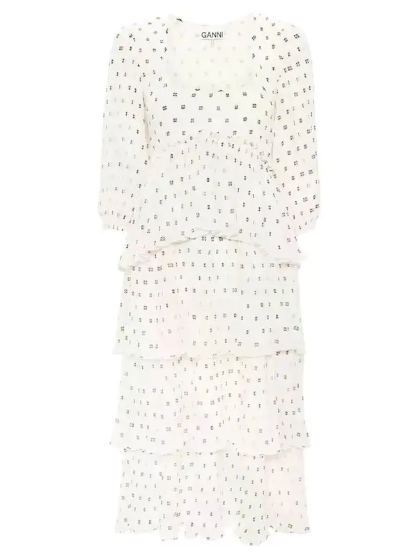 GANNI Monogram-print Pleated Midi Dress - Neutrals