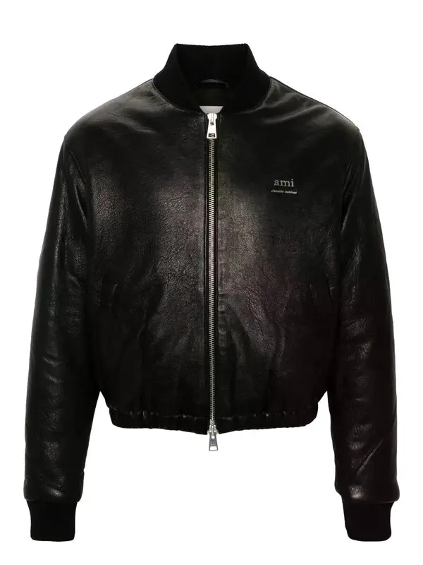 AMI Paris Logo-plaque Leather Bomber Jacket - Black
