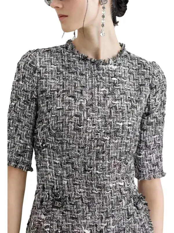 Dolce & Gabbana Midi Tweed Dress With Frayed Edges - Black
