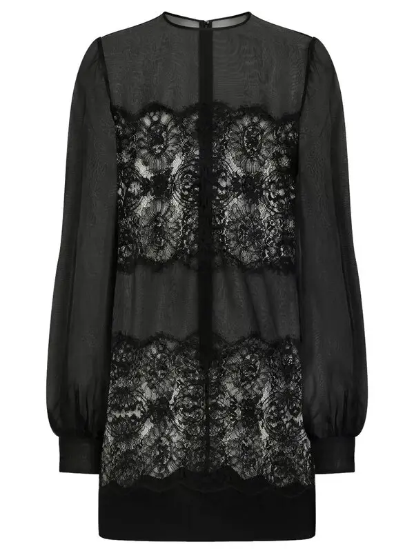 Dolce & Gabbana Silk Blend Organza Dress With Cream Lace Detailing - Black