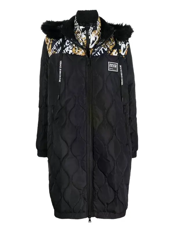 Versace Quilted Graphic Print Coat - Black