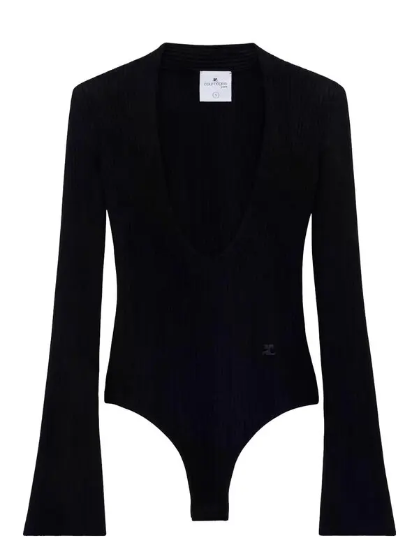 COURREGES Ribbed Knit Bodysuit With Appliqué Logo - Black