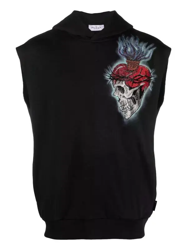 Philipp Plein Embellished Skull Graphic Sleeveless Hoodie - Black