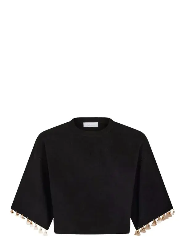 Rabanne Knitted Cropped T-shirt With Tassel Detail - Black