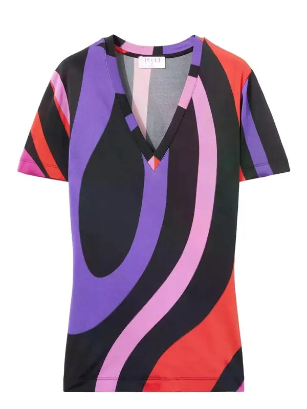 Emilio Pucci Marmo-print Satin V-neck T-shirt - Black