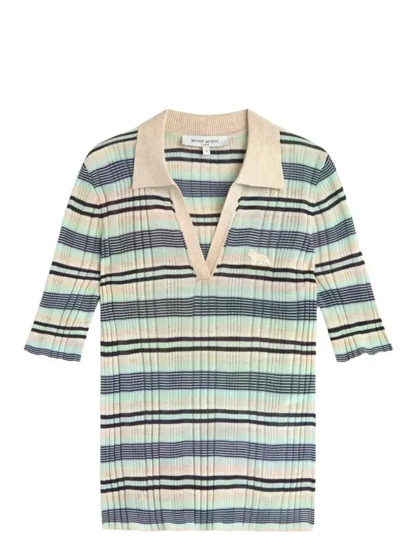 Maison Kitsuné Striped Fine-ribbed Polo Shirt - Blue