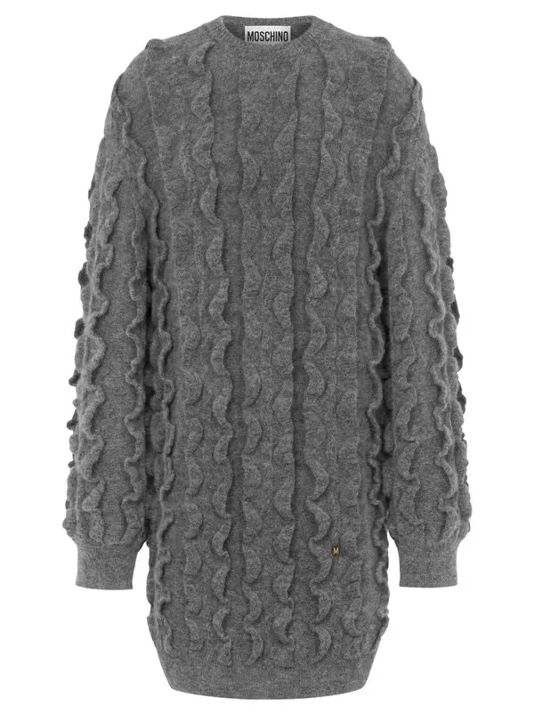 Moschino Ruffled Virgin Wool Blend Knitted Dress - Grey