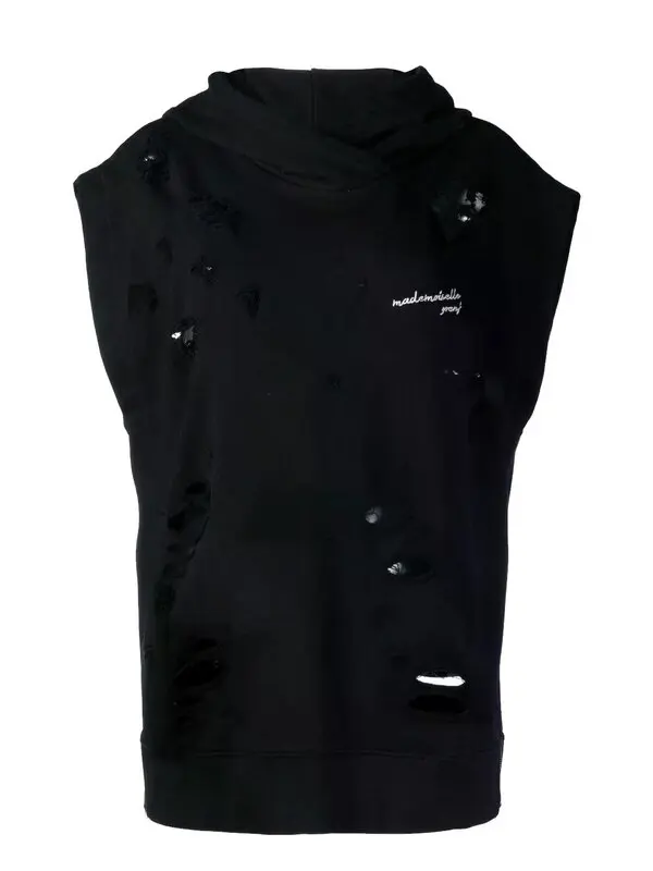 Goen.j Sleeveless Distressed Hoodie - Black