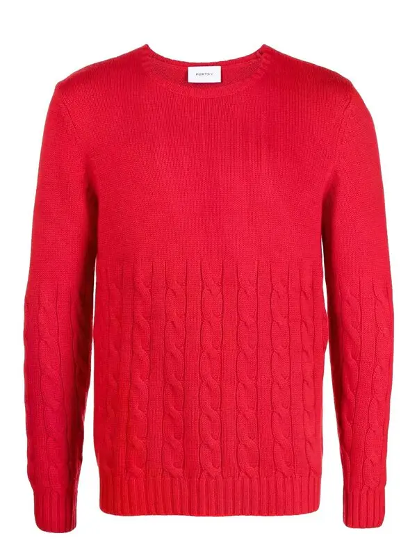 PORTS V Crew Neck Cable Knit Jumper - Red