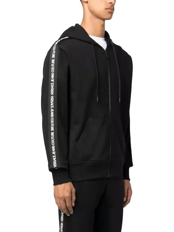 Versace Logo Tape Zip-up Hooded Jacket - Black