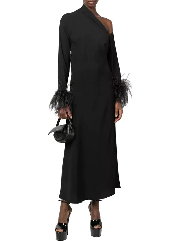 16Arlington Feather-trim One-shoulder Midi Dress - Black