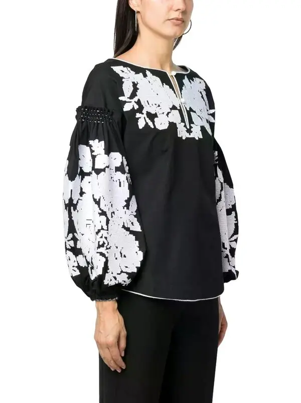 Yuliya Magdych Floral Jacquard Puff Sleeve Blouse - Black