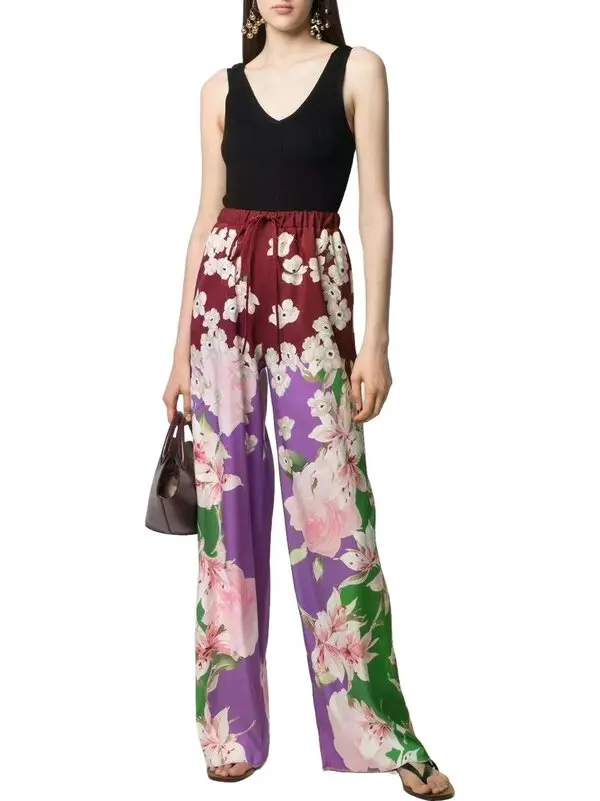 Valentino Garavani Floral Print Silk Trousers - Red