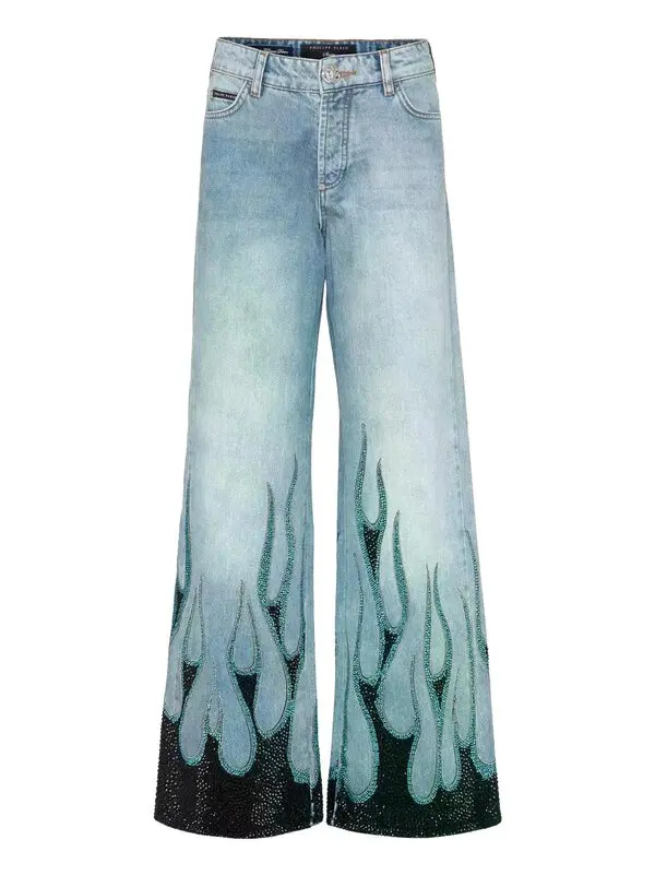 Philipp Plein Skater-fit Jeans With Embellished Flame Detail - Blue