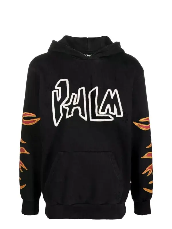 Palm Angels Flame Print Cotton Hoodie - Black