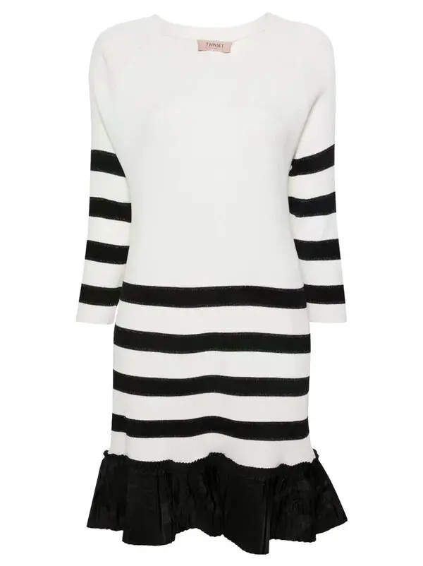 TWINSET Striped Knit Dress With Flounce Hem - White