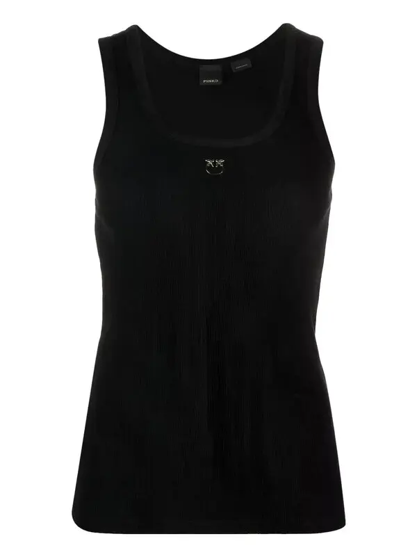 Pinko Ribbed Cotton Tank Top With Embroidered Logo - Black
