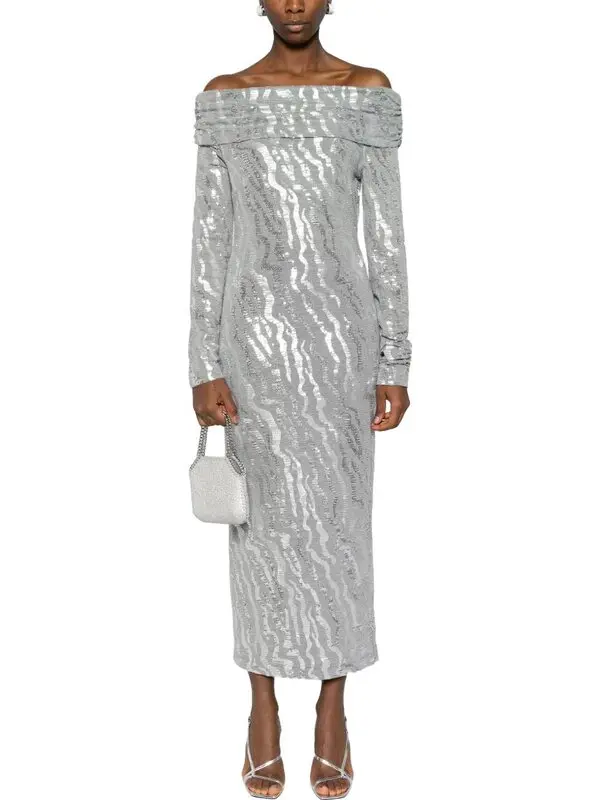 ROTATE BY BIRGER CHRISTENSEN Sequinned Off-the-shoulder Midi Dress - Grey