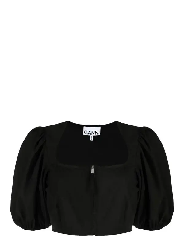 GANNI Cropped Puff-sleeve Blouse With Square Neck - Black