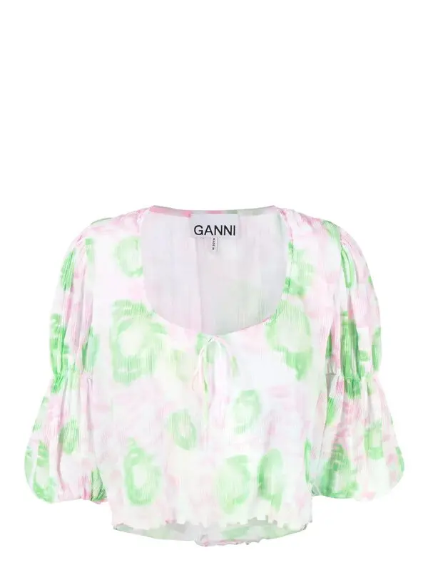 GANNI Floral-print Pleated Georgette Blouse - Pink