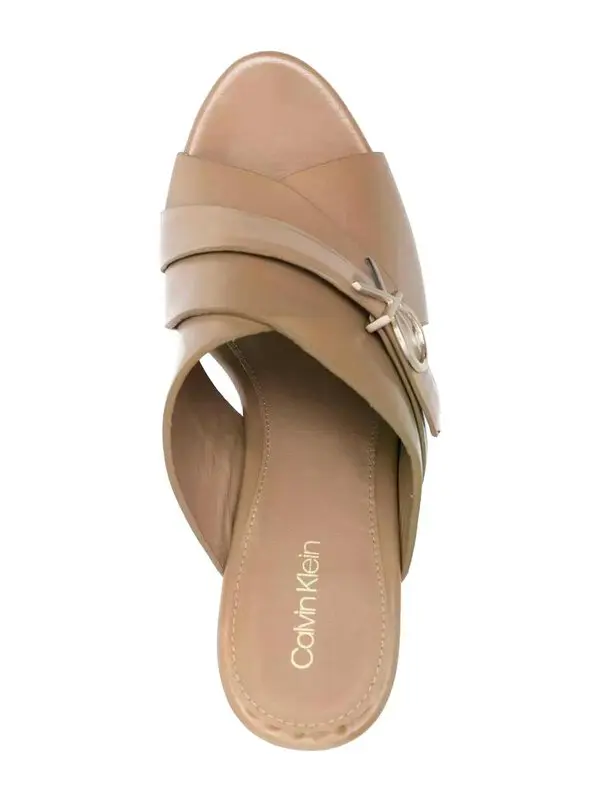 Calvin Klein 95mm High Block Heel Logo Plaque Sandals - Neutrals