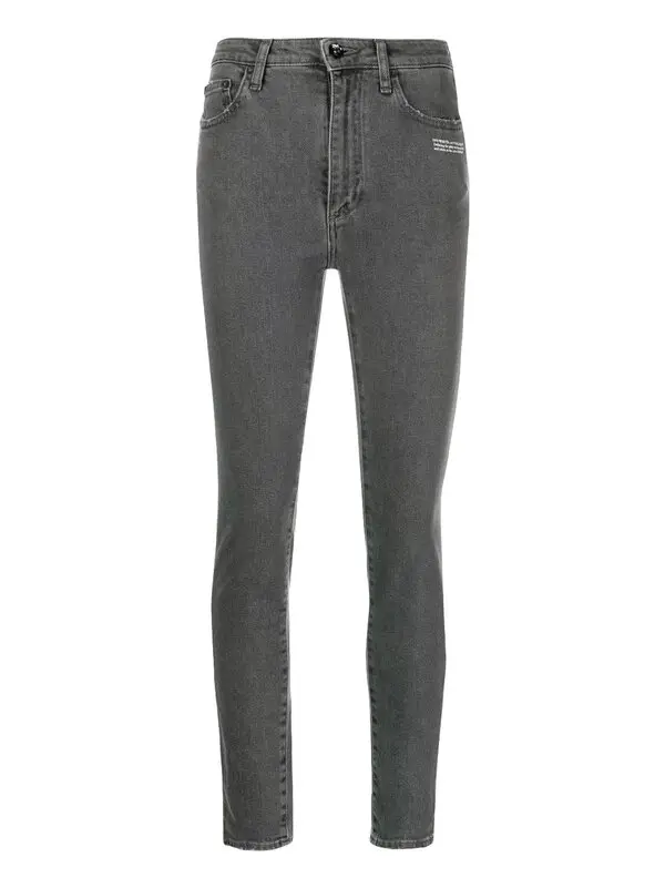 Off-White Slogan Print Cropped Skinny Jeans - Grey