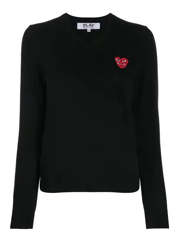 Play Comme Des Garcon V-neck Knit Top With Embroidered Heart Detail - Black