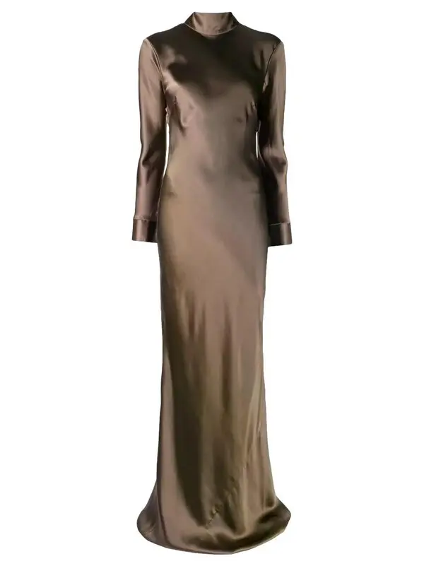 Michelle Mason Open-back Long-sleeve Gown - Brown